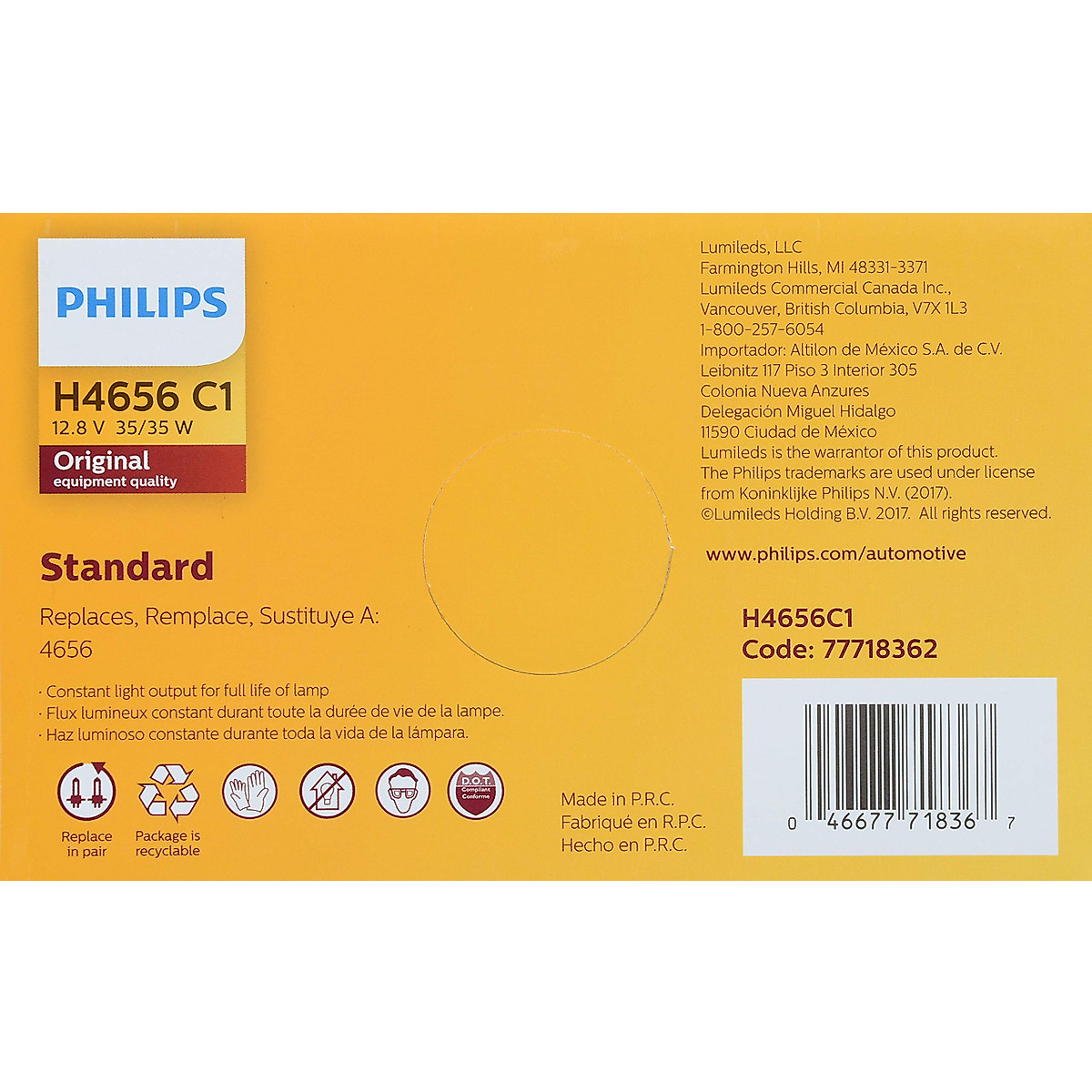 Philips H4656C1 Standard Halogen Sealed Beam headlamp, 1 Pack