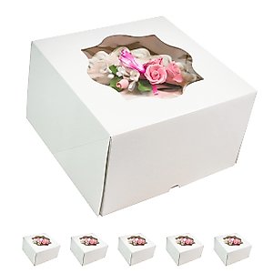 Global Sugar Art Auto-Popup Deep Square Cake Box with Window, White 8 x 8 x 5 Inches, 5 Count