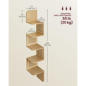 VASAGLE 5-Tier Corner Shelf, Wall Mounted Floating Shelf, Zigzag Corner Shelf Unit, PVC Rattan Sides, Space-Saving, for Kitchen, Living Room, Bedroom, Boho Style, Oak Beige ULLS582Y57
