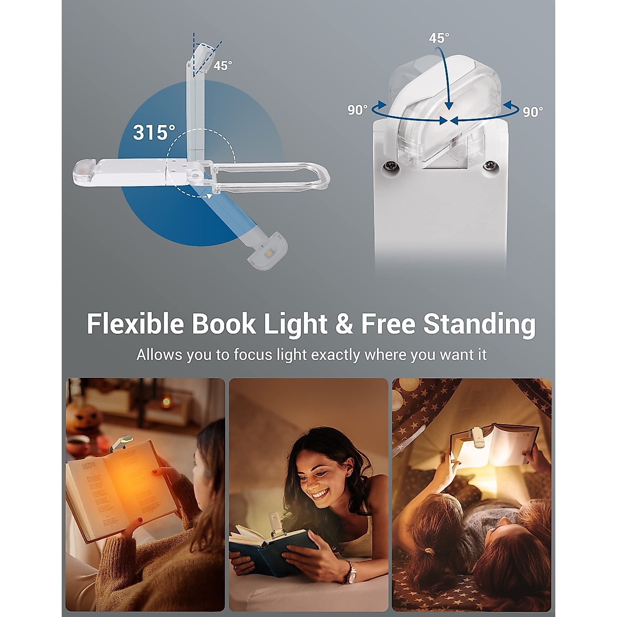 DEWENWILS Book Reading Light, Rechargeable Booklight for Reading at Night, Clip on LED Book for Kids, Bookworms, Blue Light Blocking, 4 Brightness Adjustable for Eye Care (White)