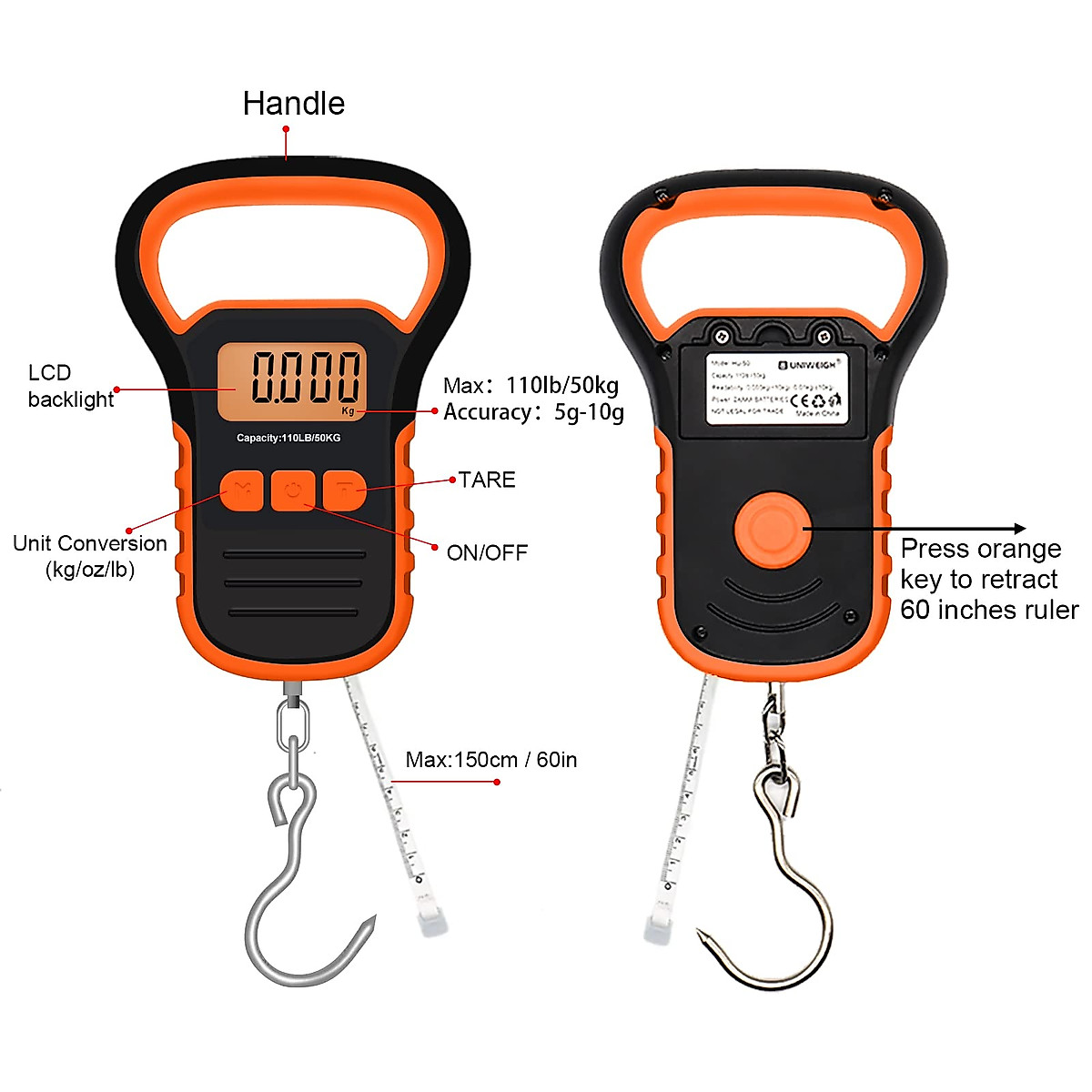 UNIWEIGH Digital Fishing Scale with Lip Gripper,Tape and Ruler,110lb/50kg Postal Hanging Luggage Scale with Hook，Waterproof Handing Scale for Home and Outdoor(Orange)