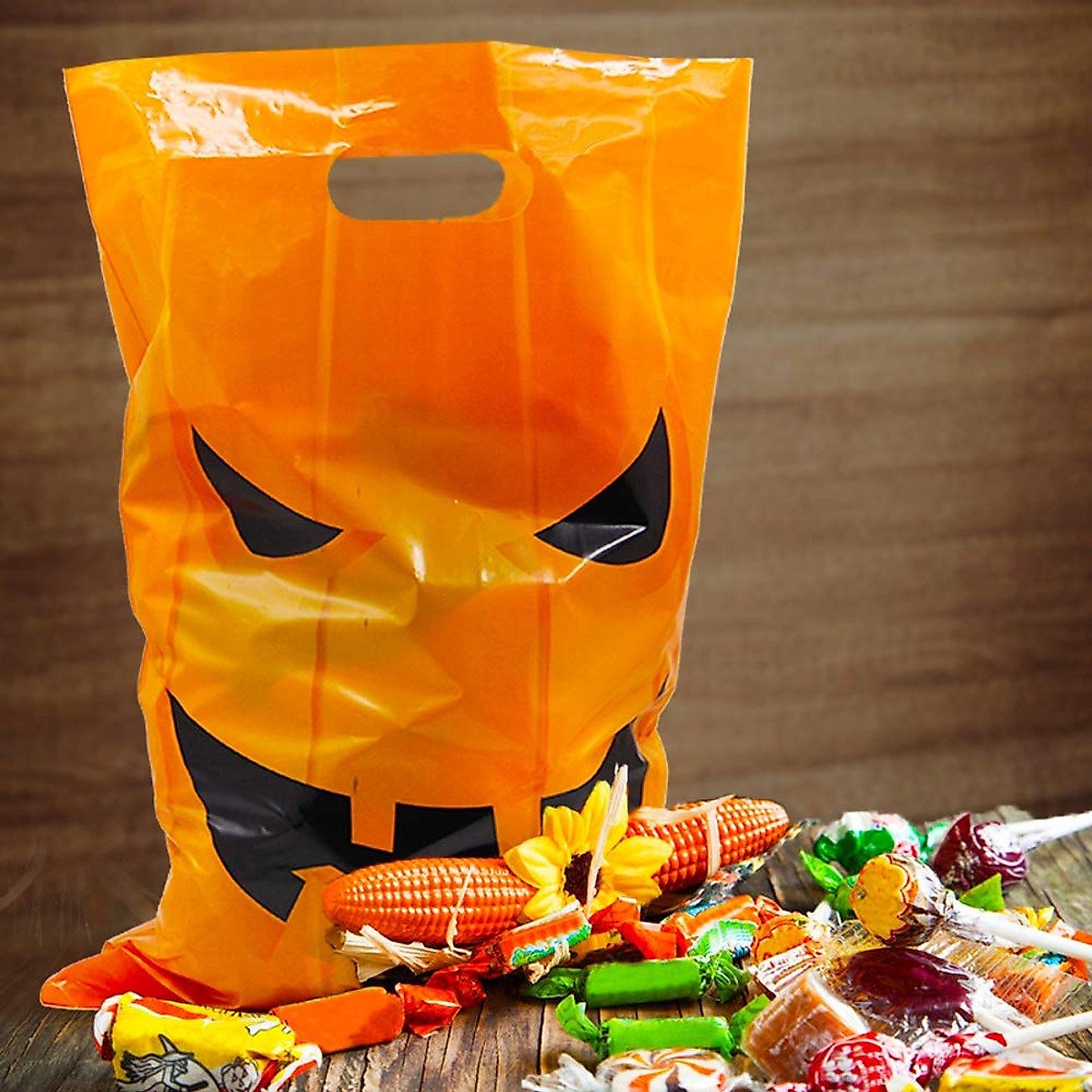 Lulu Home Halloween Jack O Lantern Bags, Plastic Goodie Bags for Trick Or Treat, Party Favor Bags, 72PCS