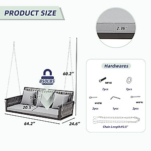 RYNSTO 3-Seat Woven Rope Hanging Porch Swing Outdoor, Metal Iron Patio Bench Swing with Cushions, Hanging Chains 850 LBS Weight Capacity for Deck, Back Yard, Lawn (4.5FT, Grey)