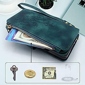 Lacass [Cards Theft Scan Protection 10 Card Slots Zipper Pocket Wallet Case Flip Leather Phone case Cover for Samsung Galaxy Z Fold 4 / z fold4 5G (2022)(Floral Cyan)