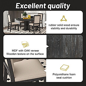 VilroCaz Farmhouse 5-Piece Dining Table Set, Extendable Round Table and 4 Upholstered Chairs, Solid Wood Dining Set of 5, Seats up to 6 People for Kitchen Dining Room (Black-e)