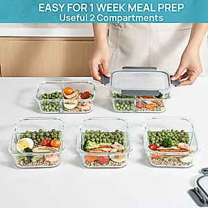 Vtopmart 5Pack 33oz Glass Food Storage Containers with Lids, Meal Prep Containers 2 Compartments, Airtight Lunch Containers Bento Boxes with Snap Locking Lids for Microwave, Oven, Freezer