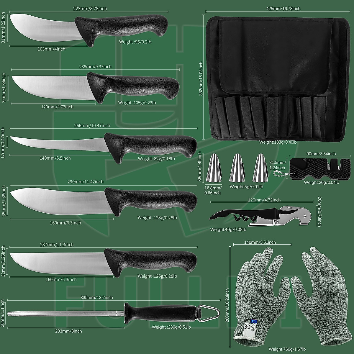 FULLHI 11PCS Butcher Knife Set, Non-slip butcher boning knife German Stainless Steel Chef Knife Set,Meat Processing Set for Home Kitchen,Slaughterhouse And Restaurant