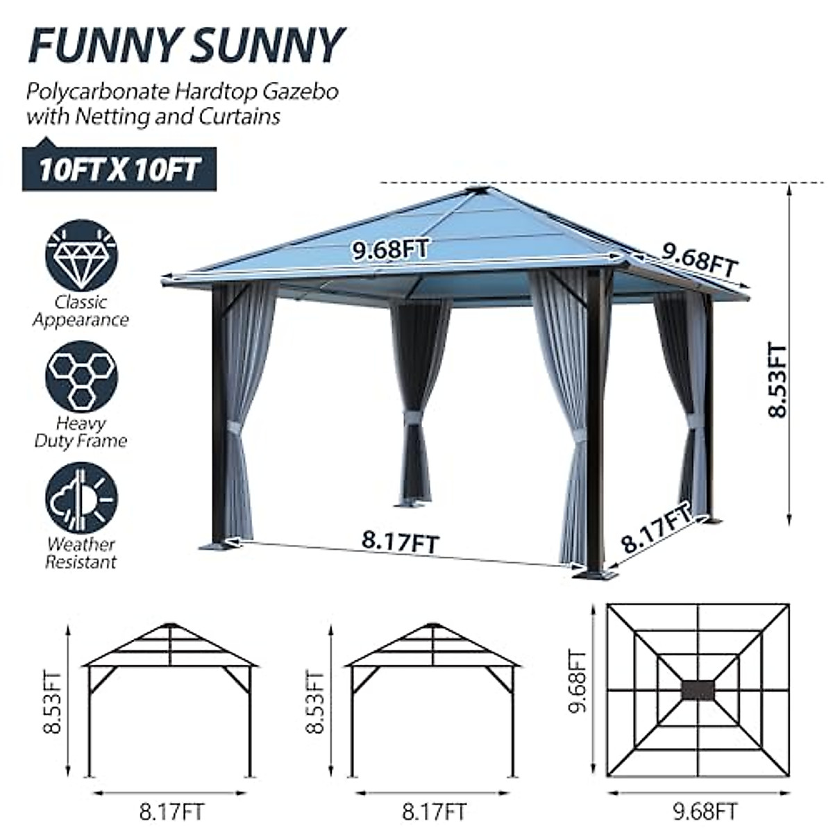Funny Sunny10'x10' Hardtop Gazebo, Outdoor Gazebo with Translucent Roof, Polycarbonate Top Steel Frame Garden Tent with Breathable Mesh and Privacy Curtains for Patio Lawn Garden Backyard, Gray