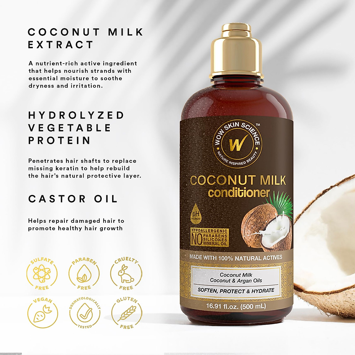 WOW Skin Science Coconut Milk Hair Conditioner for Dry Hair - Deep Conditioner for Dry Damaged Hair Sulfate Free Conditioner - Curly Hair Conditioner - Conditioner for Men & Women