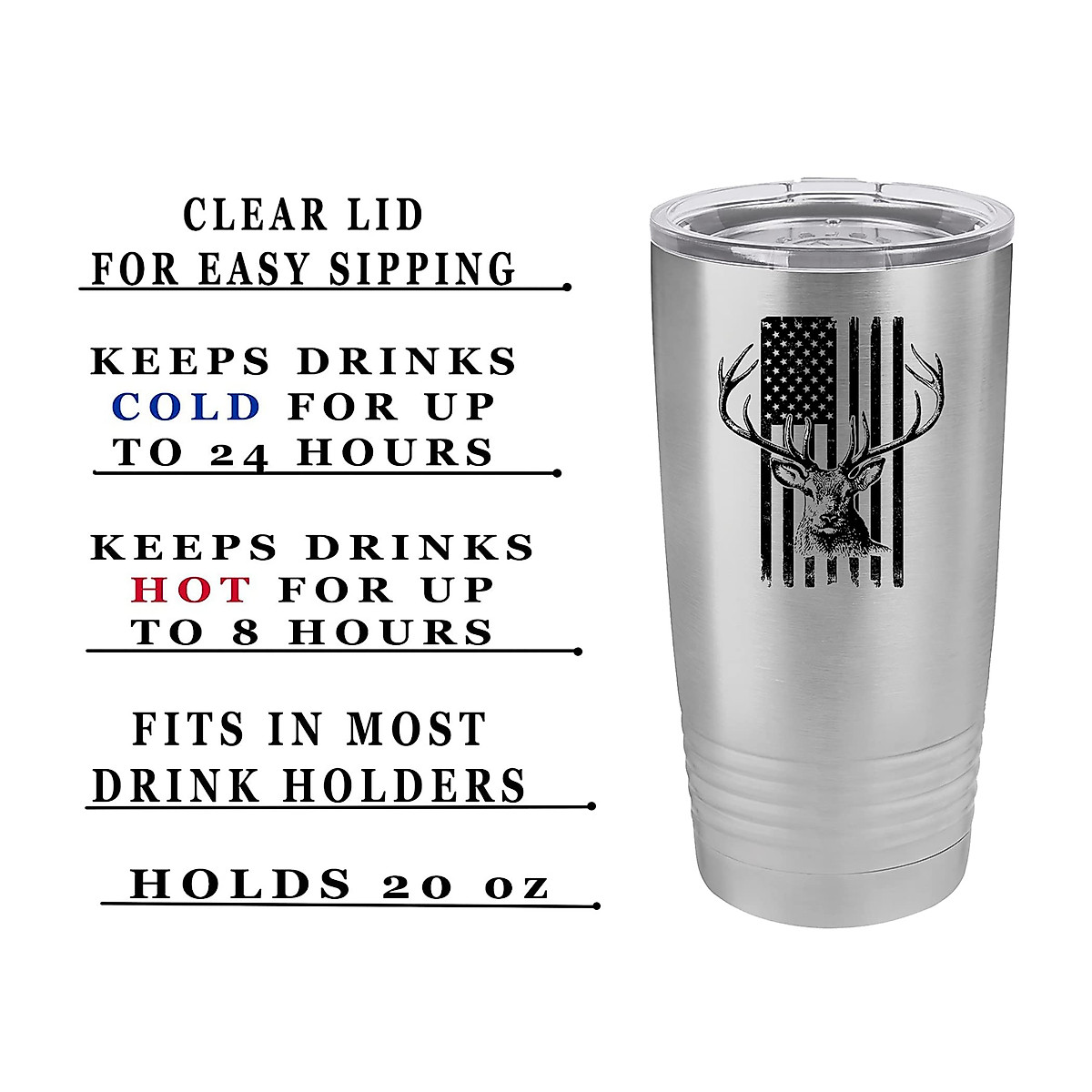 Rogue River Tactical USA Flag Buck Hunting 20 Oz. Travel Tumbler Mug Cup w/Lid Vacuum Insulated Hot or Cold United States Deer