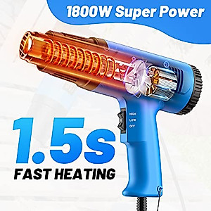 SEEKONE Heat Gun, 1800W Heavy Duty Hot Air Gun Kit with 572℉&1112℉ Dual-Temperature Settings and 4 Nozzles for Shrinking PVC,Stripping Paint, Crafts
