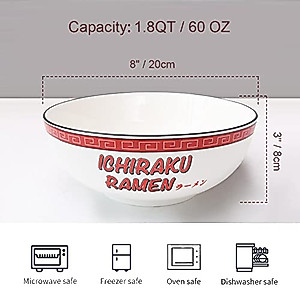 shiningsoul 4 PCS 一樂 Ramen Bowl Set - 60 OZ/ 1.8 QT Large Ceramic Bowls + Wooden Spoon & Chopsticks + Bowl Mat - 8" Big Salad Bowl, Dishwasher & Microwave Safe - Great Gift Idea For Anime Fans