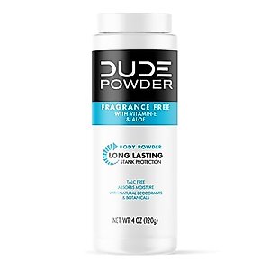 DUDE Body Powder - Fragrance Free 4 Ounce Bottle Natural Deodorizers With Chamomile & Aloe, Talc Free Formula, Corn-Starch Based Daily Post-Shower Deodorizing Powder for Men