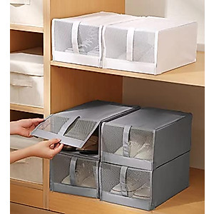 Yagizaai Bayou Fabric Shoe Box, 4 PCS Collapsible Stackable Breathable shoe storage organizer boxes with Clear Window and Handle, Upgraded Shoe Bin & Holder for Up to Size 10