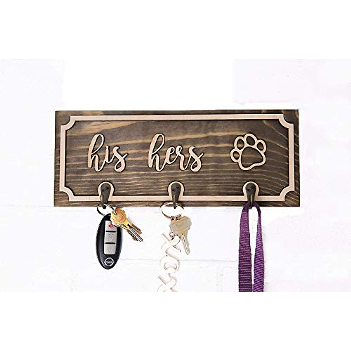 Handmade Wood Leash and Key Holder - Custom Personalized His and Hers, Pawprint