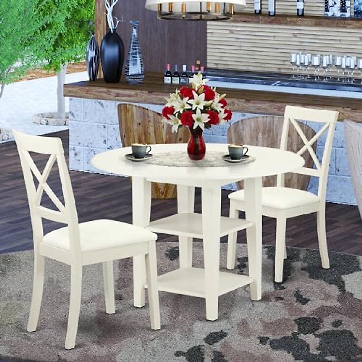 East West Furniture SUBO3-LWH-LC 3 Piece Dining Room Furniture Set Contains a Round Dining Table with Dropleaf & Shelves and 2 Faux Leather Upholstered Chairs, 42x42 Inch, Linen White