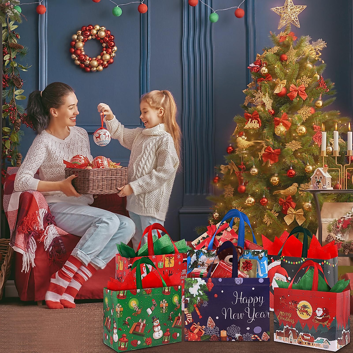 Miucat 16 Pack Large Christmas Gift Bags with Tissue Paper, Reusable Xmas Gift Bags With Handle Christmas Bag Bulk Non-Woven Holiday Gift Bags Christmas Treat Baskets Party Supplies 12.8"×9.8"×6.7"