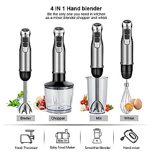 Immersion Hand Blender Multi-Purpose 220V 4 IN 1 Blender Heavy Duty Copper Motor Stainless Steel Finish Includes Whisk Attachment, Chopper and Smoothies Cup (EU Plug)