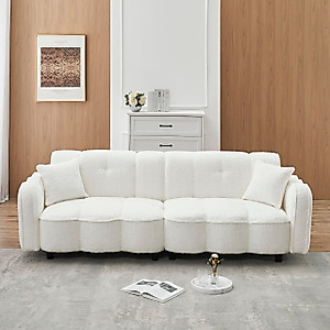 Elevon 96 Inch Modern Sofa Couch, Comfy Cloud Couch Loveseat Sofa Teddy Velvet Upholstered, 3 Seater Cozy Deep Seat with 2 Pillows for Living Room Bedroom Apartment Office, White