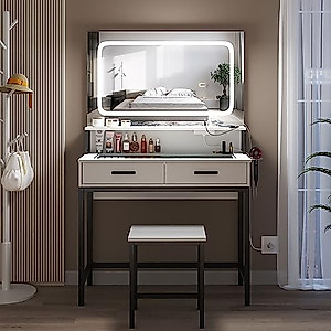 Fameill White Vanity Desk with Lights,Glass Top Makeup Vanity Table with Power Strip,Large Mirror Dressing Table Set with 2 Drawers and Hair Dryer Stand,35.4in(L)