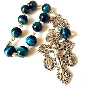 elegantmedical Handmade Peacock bule Tiger Eye Jade Beads car rosary catholic Prayer one Decade Rosary Bracelet Pardon Crucifix Cross Gift