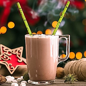 Whaline 200Pcs Christmas Paper Straws Green Cartoon Character Disposable Straws Xmas Funny Face Full Covered Drinking Straws for Christmas Winter Party Wedding Birthday Decoration Supplies