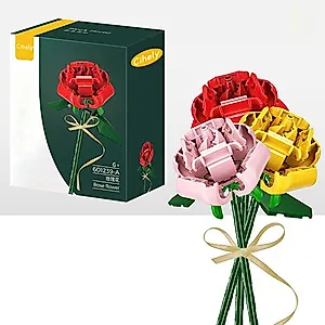 Cihely Flower Bouquet Building Blocks Kits Rose 3Pack 601239, Artificial Flowers Building Project to Release Stress and Focus The Mind, for Birthday Gifts to Adults/Teens(100+ Pieces)