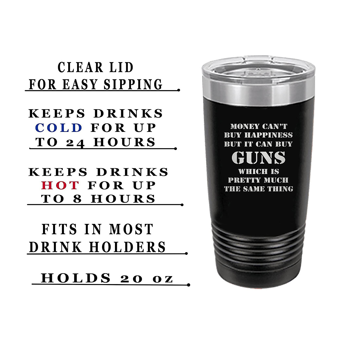 Rogue River Tactical Funny Hunting 20 Oz.Travel Tumbler Mug Cup Money Happiness Guns w/Lid Stainless Steel Gift For Dad Brother Grandpa (Black)
