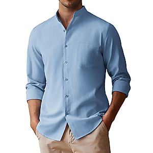 COOFANDY Mens Cotton Linen Mandarin Collar Shirts Long Sleeve Button Down Chambray Shirt Sky Blue