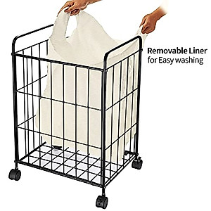 Iron Wire Laundry Hamper With Rolling Lockable Wheels, Folding Laundry Storage Basket with Metal Handles, Detachable Liner Bag Dirty Laundry Hamper Cart Sorter Clothes Basket Organizer