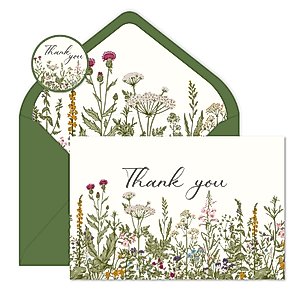 Whaline 24 Pack Vintage Wild Floral Thank You Cards Bulk Retro Botanical Green Leaves Herbs Greeting Cards with Envelope Sticker for Birthday Wedding Baby Shower Bridal Shower