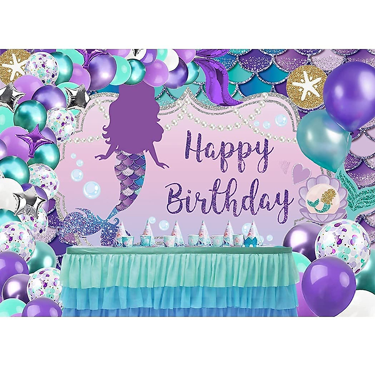 Maijoeyy 7x5ft Mermaid Birthday Backdrop Glitter Blue Purple Mermaid Scales Photography Background Under The Sea Mermaid Princess Birthday Party Banner Decorations