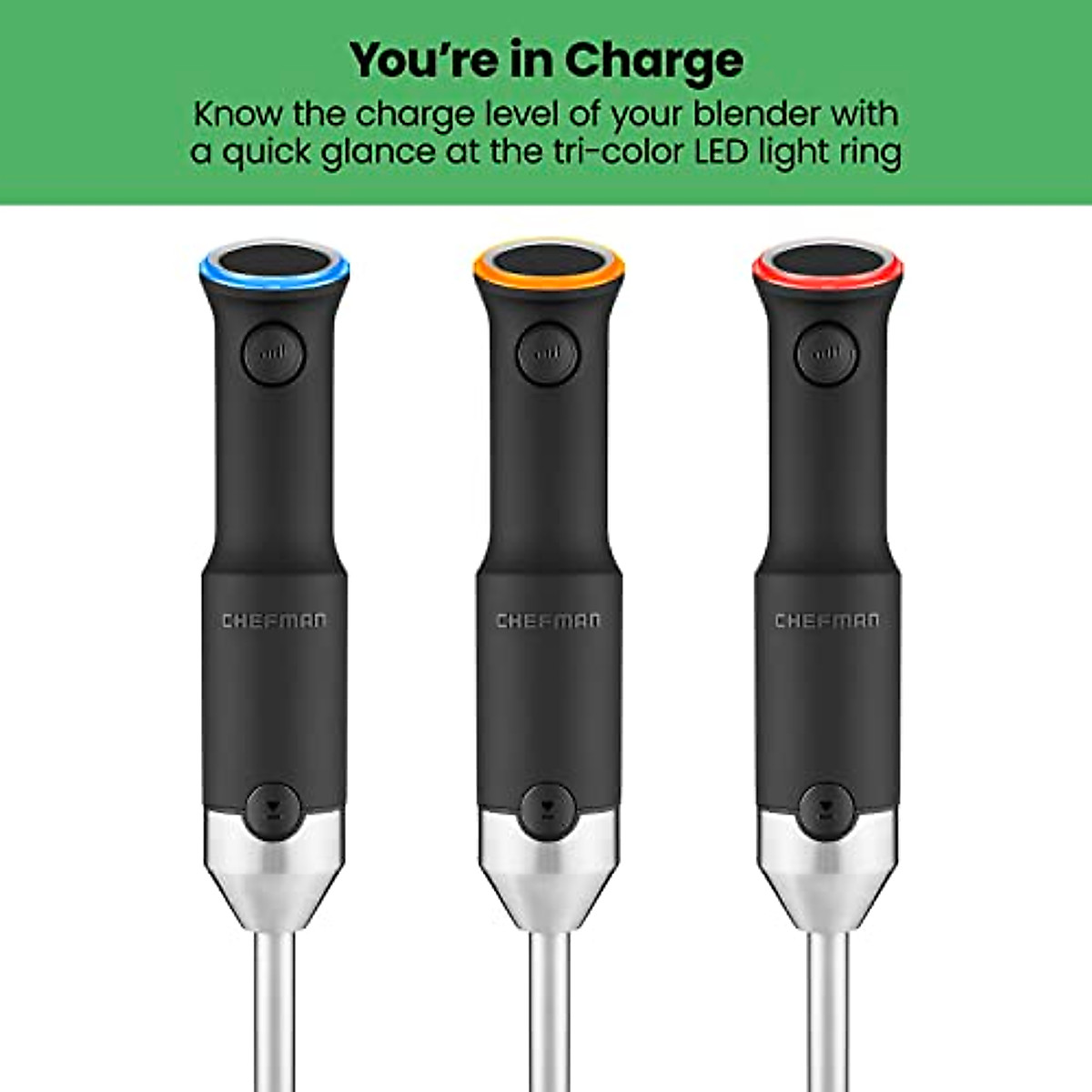 Chefman Cordless Power Portable Immersion Blender, Ice Crushing Power with One-Touch Speed Control, USB Charging, Quickly Mixes Smoothies, Purees Soups, Dips, Sauces, Storage Case, Stainless Steel