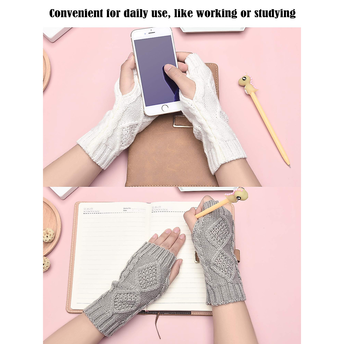 SATINIOR Women Warm Knit Fingerless Winter Gloves Thumbhole Arm Warmers Mittens (Black, Red, White, Light Grey, 4 Pairs)