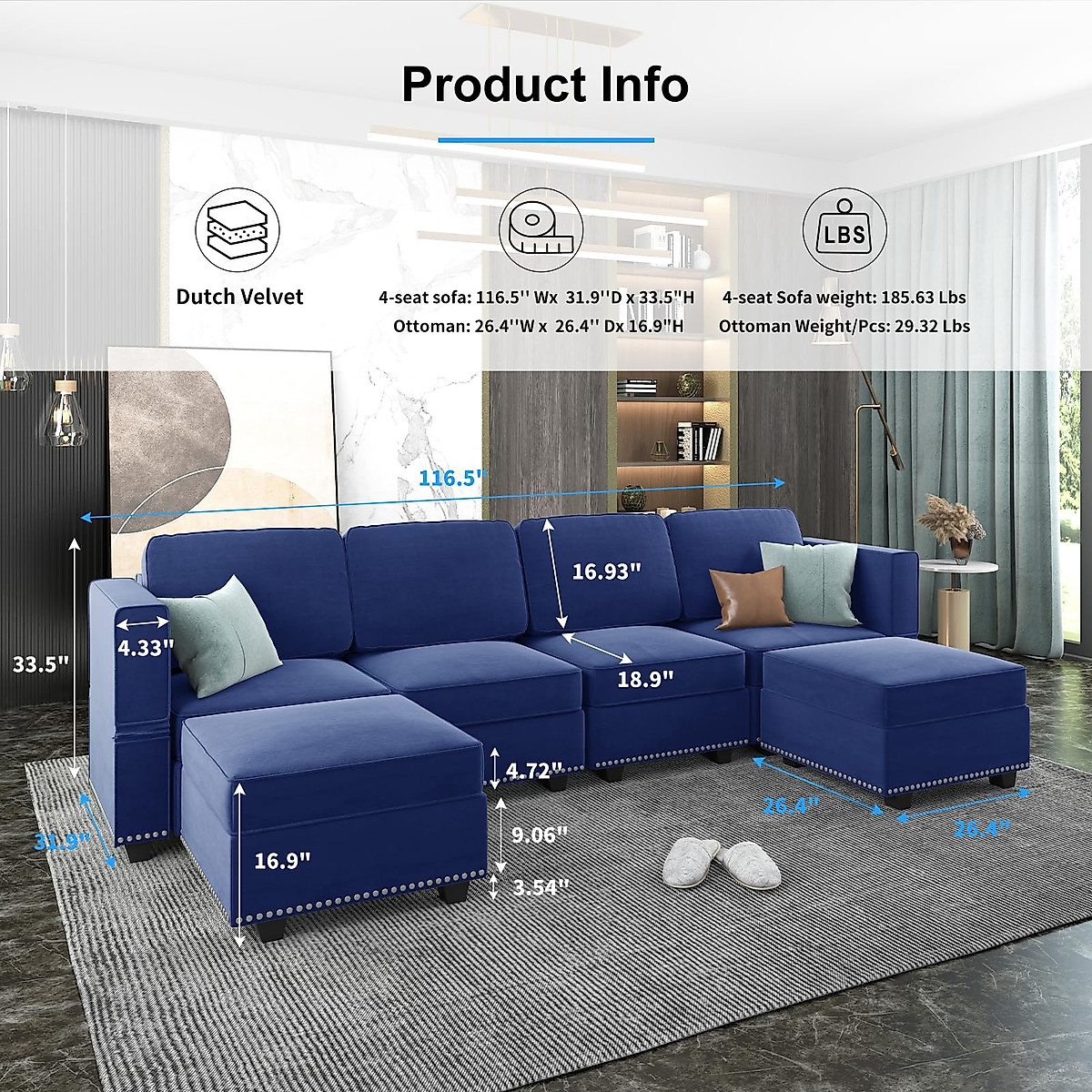 PUREMIND Modular Sectional Sofa with Reversible Storage Ottoman, Convertible U Shaped Couch with Adjustable Armrest & Backrest, Velvet 6 Seater L Shaped Sofa Sleeper for Living Room, Blue