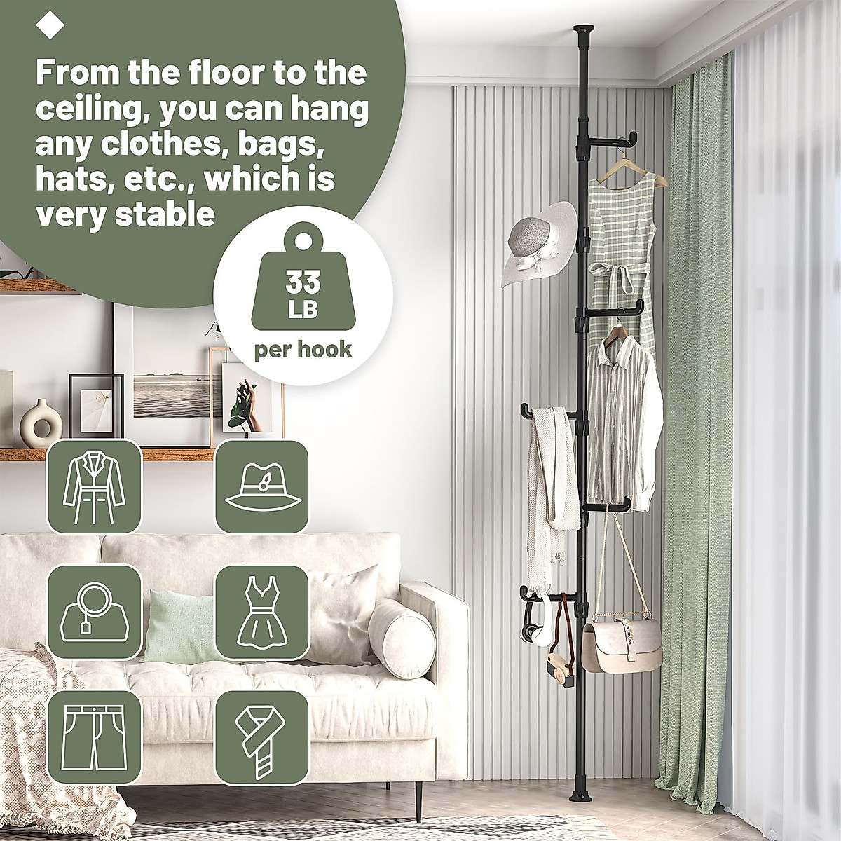 DYN Ptah Adjustable Coat Rack 65" to 116" with 6 Hooks, Freestanding Tension Rod Coat Hanger Floor to Ceiling, Heavy Duty Clothes Rack for Entryway, Living Room, Bedroom, Hanging Clothes, Hats, Bags