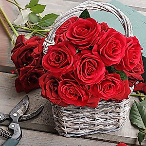 Mocoosy 12 PCS Red Rose Artificial Silk Flowers, Fake Roses with Long Stems Realistic Faux Rose Flower Bouquets for Wedding Decorations Bridal Shower Centerpieces Arrangement Party Home Table Decor