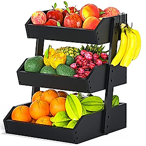 Gmtsl Bamboo Fruit Basket – 3 Tier Fruit Bowl For Kitchen Counter, Large Capacity Fruit Holder With 2 Banana Hangers, Idea For Fruit and Vegetable Storage, Bread Basket, Snack Organizer(BLACK)