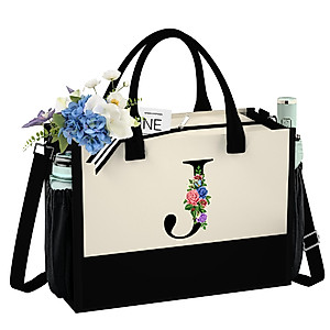 QLOVEA Tote Bag for Women, Initial Beach Bag w Shoulder Strap, 2 Side Pocket and Inner Pocket, Unique Present Bag, Birthday Gift for Mom, Grandma, Aunt, Wife, Coworker, Sister-in-Law Letter J