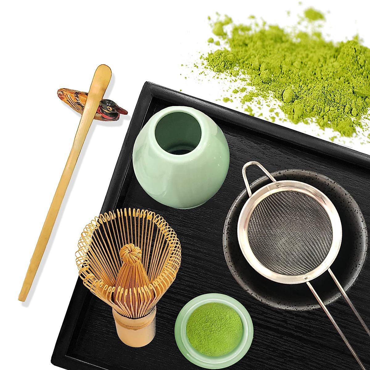 Artcome Japanese Matcha Tea Set, Matcha Whisk, Traditional Scoop, Matcha Bowl, Black Bamboo Tray, Ceramic Whisk Holder, Matcha Caddy, Handmade Matcha Ceremony Kit For Japanese Tea Ceremony (10Pcs)