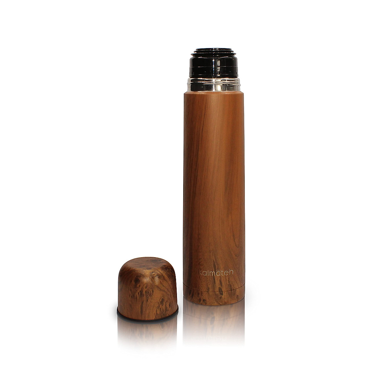 KALMATEH Modern & Elegant Yerba Mate Thermos- Vacuum Insulated and Double Walled 18/8 Stainless Steel- BPA Free - Thermos Designed for Use With Mate Cup or Mate Gourd (Wood, 1000ml)