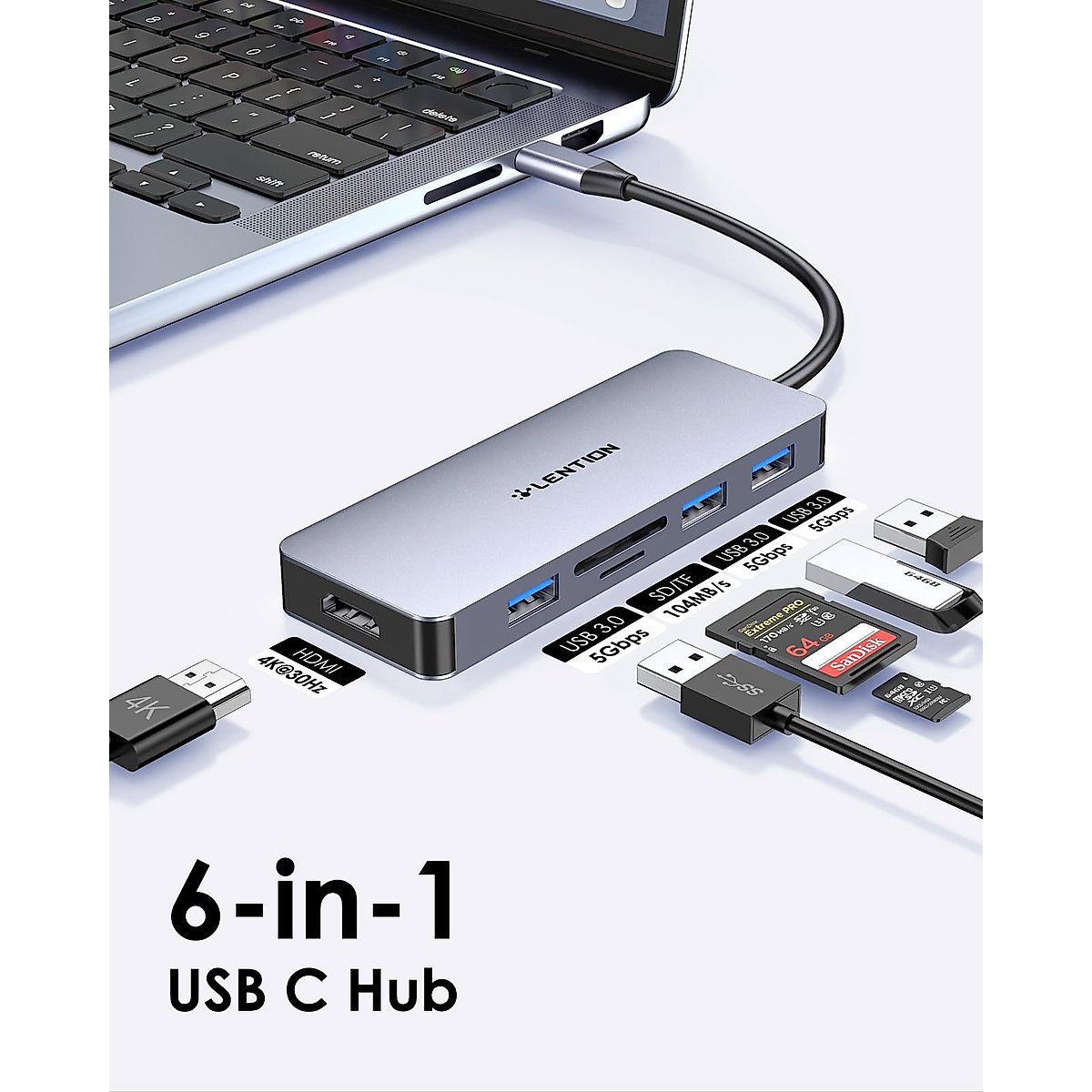 LENTION USB C Hub with 4K HDMI, 3 USB 3.0, SD/Micro SD Card Reader Compatible 2023-2016 MacBook Pro, New Mac Air/Surface, Stable Driver Certified Multi-Port Adapter (CB-C18, Space Gray)