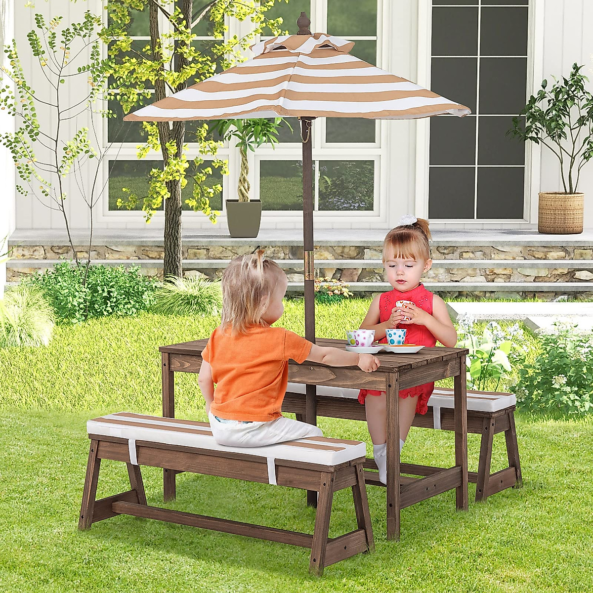 HONEY JOY Kids Picnic Table, Outdoor Wooden Table & Bench Set w/Removable Cushions and Umbrella, Stripe Fabric, Children Backyard Furniture for Patio Garden, Gift for Toddler Boys Girls Age 3+(Coffee)