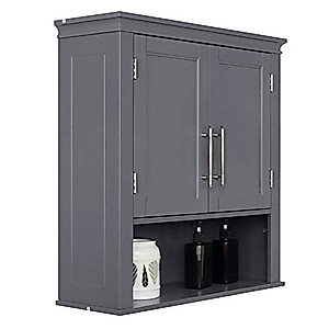Knocbel Bathroom Wall Storage Cabinet, Over The Toilet Medicine Cabinet, Space Saving Double Doors Cupboard with Adjustable Shelves & Metal Handles, 23.23" L x 8.07" W x 24.81" H (Gray)