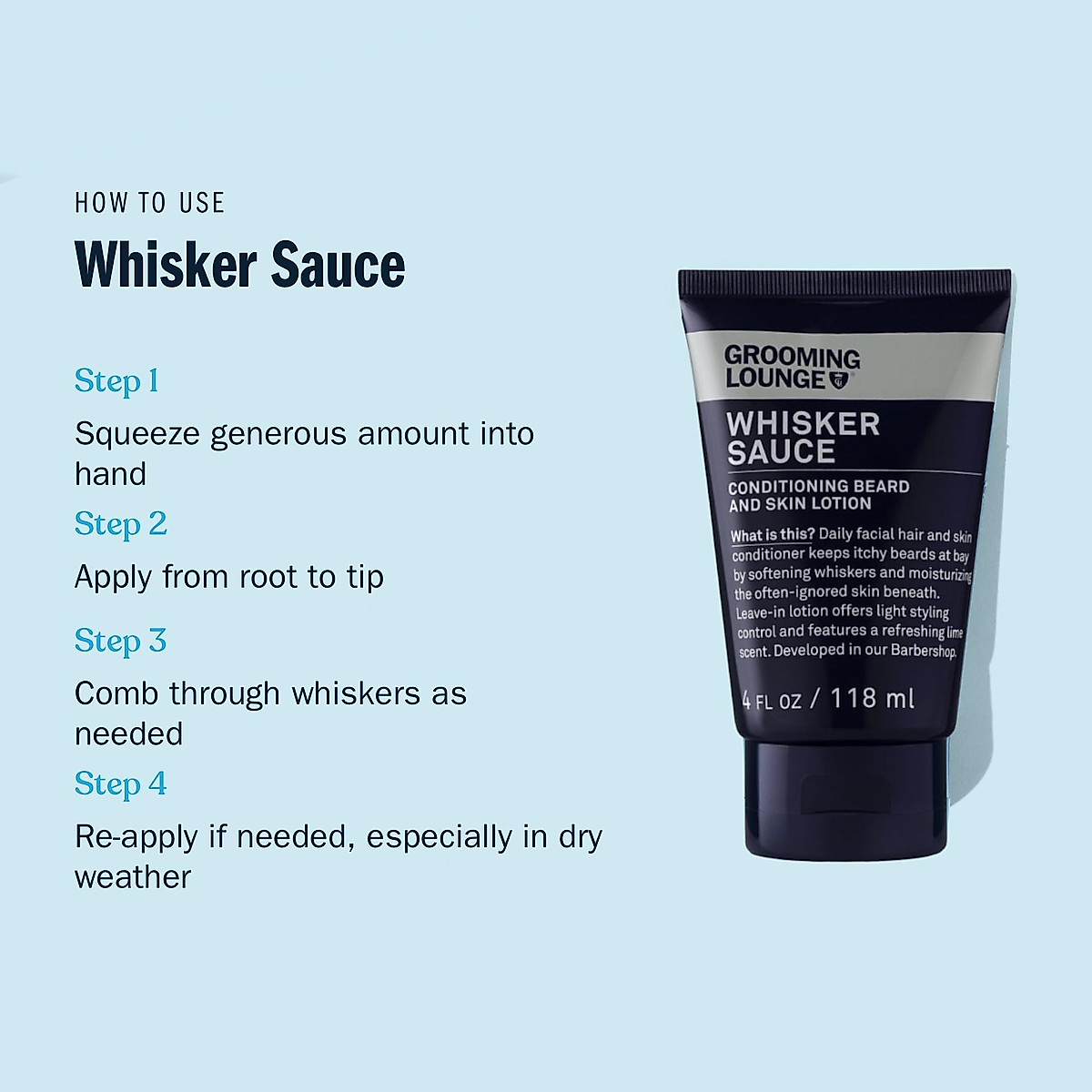 Grooming Lounge Whisker Sauce Beard Conditioner - Conditioning Beard and Skin Lotion - Eliminates Itching and Flaking - Enables Easy Combing and Styling - No Parabens - Cruelty Free - 4 oz