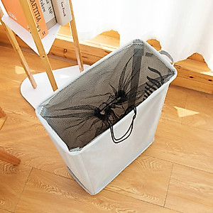 plplaaoo Oxford Cloth Easy Install Storage Basket with Mesh Pulleys, Foldable Laundry Basket with Drawstring Mesh Cover,Corner Clothes Hamper Laundry Bin with Handle (White)