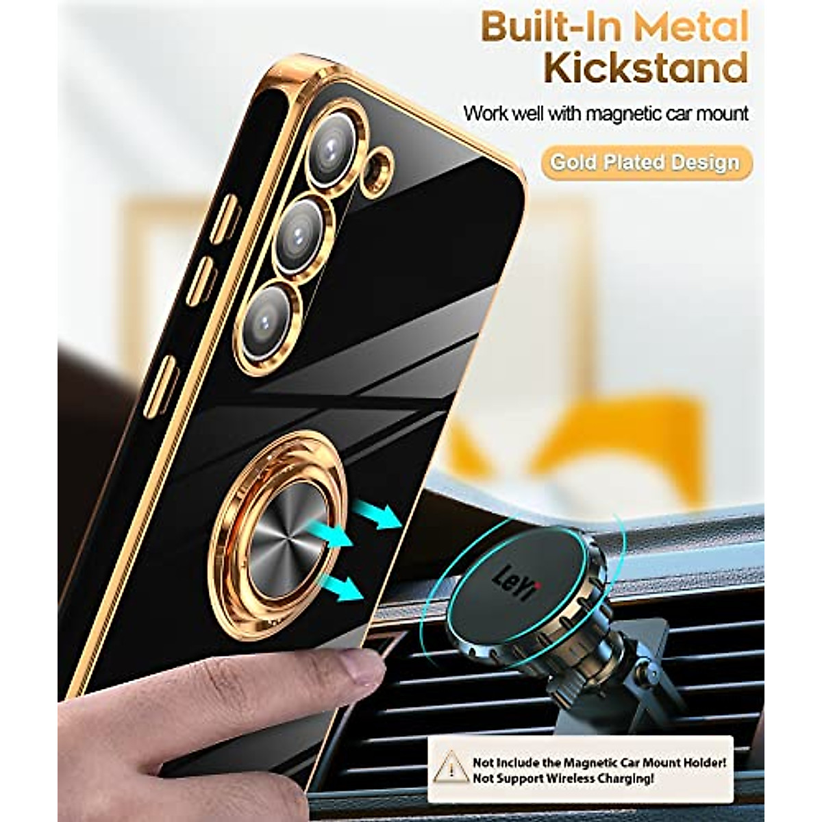 LeYi for Samsung Galaxy S23 Case 360° Rotatable Ring Holder Magnetic Kickstand, Plating Rose Gold Edge Protective Case, Black