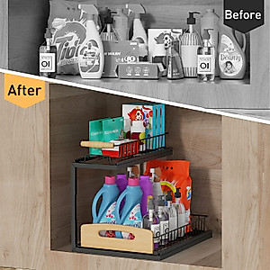 G-TING Under Sink Organizer 2 Tier, L Shaped Sliding Cabinet Basket Organizer, Slide Out Under Cabinet Storage, Multi-Purpose Pull Out Cabinet Organizer for Bathroom, Kitchen, Black
