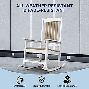 OTSUN Outdoor Rocking Chair, Patio Rocker Chair with High Back, All Weather Resistant Fade-Resistant Front Porch Rocking Chair, Stable Smooth Wood Rocker for Balcony, Yard (White & Brown)