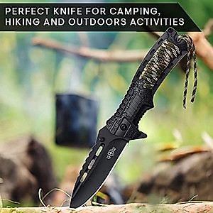Bundle of 2 Items- Black Pocket Knife - Serrated Sharp 3,5" Blade Folding Knives -Best EDC Survival Hiking Hunting Camping Knife - Knife with Firestarter and Whistle Grand Way